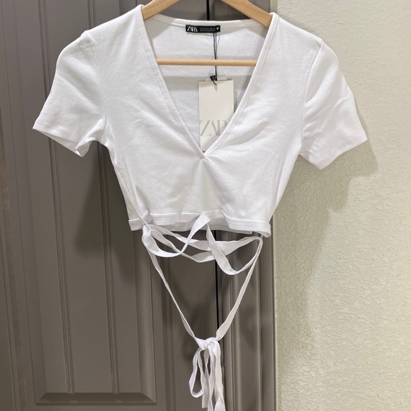 Zara | Tops | Nwt Zara White Ribbed Wrap Around Crop Top Size Small ...